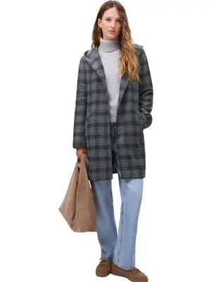 Mango Plaid Hooded Coat - Navy