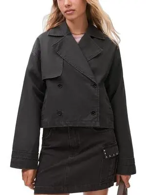 Mango Short Waxed Cotton-blend Trench Coat - Charcoal