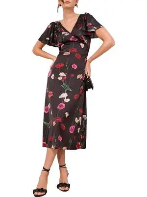 FRIENDS LIKE THESE Floral Satin Midi Dress - Black