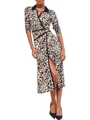 LIPSY Animal Print Long Sleeve Faux Wrap Midi Dress - Monochrome