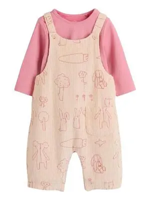 NEXT T-shirt And Print Corduroy Overalls Set - Cream/pink Character