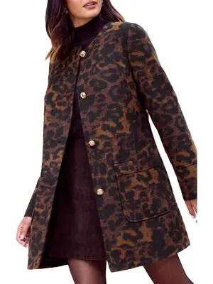FRIENDS LIKE THESE Collarless Leopard Print Swing Coat - Brown Multi