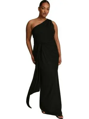 SIX STORIES One-Shoulder Draped Gown Black
