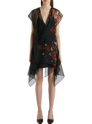 Khaite Merith Floral Silk Organza Handkerchief Hem Dress - Black/red