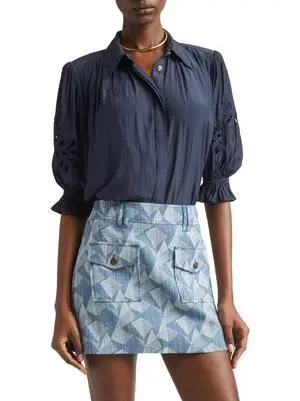 Ramy Brook Illyria Floral Cutout Woven Shirt - Navy