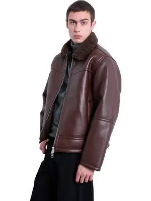 Topman Faux Shearling & Faux Leather Bomber Jacket - Brown