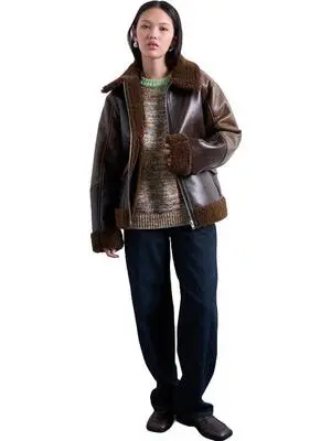 Topshop Faux Shearling And Faux Leather Patchwork Jacket - Brown