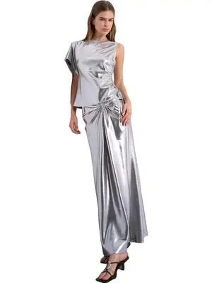Topshop Metallic Knot Midi Skirt - Silver