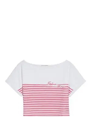 Balmain Marinière Stripe Crop Logo T-shirt - White/fuschia