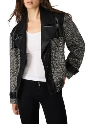 Steve Madden Mercedes Herringbone And Faux Leather Jacket - Black Multi