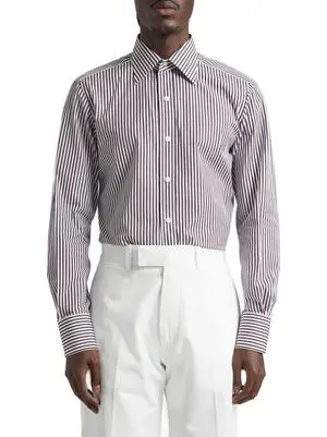 TOM FORD Slim Fit Ladder Stripe Button-up Shirt - White/brown