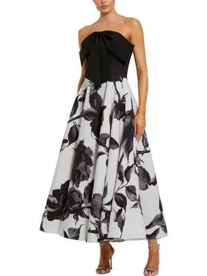 Mac Duggal Crepe Printed Strapless Midi Dress With Bow - Black Multi
