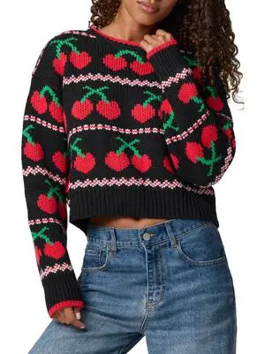 FLORENCE BY MILLS Cherry Print Crewneck Crop Sweater - Black