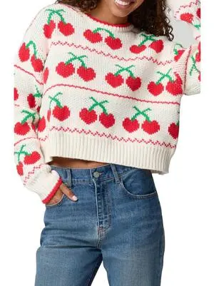 FLORENCE BY MILLS Cherry Print Crewneck Crop Sweater - Jet Stream