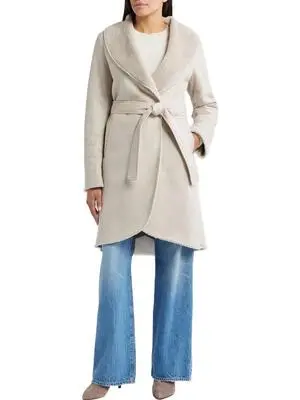 Via Spiga Belted Faux Shearling Coat - Light Grey