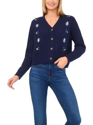 CECE DUPRAZ Floral Embroidered Pointelle Stitch Cardigan - Classic Navy