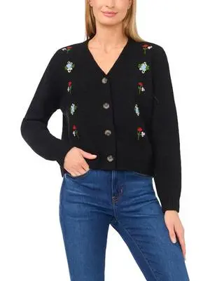 CECE DUPRAZ Floral Embroidered Pointelle Stitch Cardigan - Rich Black