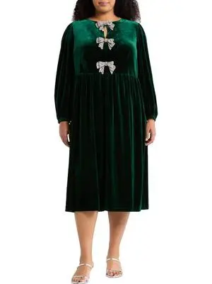 SUGARLIPS Jena Glow Bow Long Sleeve Velvet Midi Dress - Emerald
