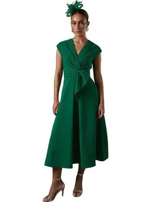 Coast Coast Belted Crepe V-Neck Midi Dress Emerald