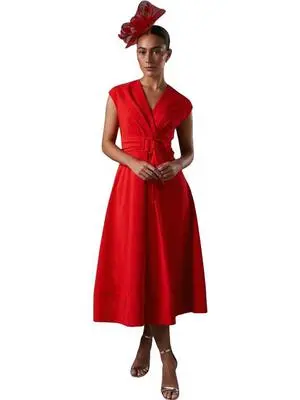 Coast Belted Crepe V-neck Midi Dress - Flame Red
