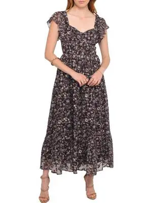 PETAL & PUP Myles Floral Chiffon Maxi Dress - Brown/blue Floral
