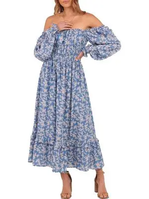 PETAL & PUP Floral Smocked Maxi Dress With Balloon Sleeves - Blue Floral