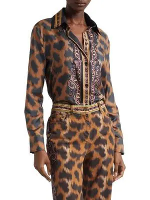 Etro Leopard Paisley Silk Twill Button-up Shirt - Dark Brown