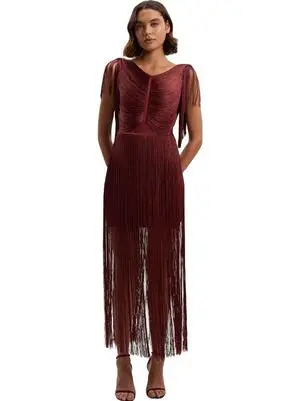 Karen Millen Draped Fringe Maxi Dress - Rich Red