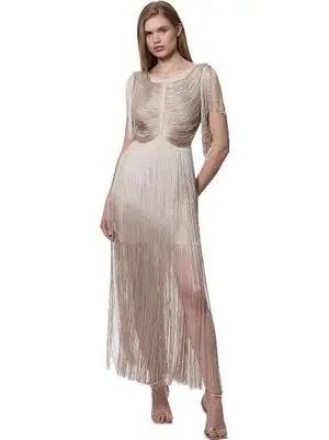 Karen Millen Draped Fringe Maxi Dress - Silver
