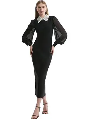 Karen Millen Embellished Collar Knit Midi Dress - Black