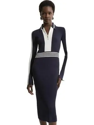 Karen Millen Rib Knit Polo Zip Up Midi Dress - Navy