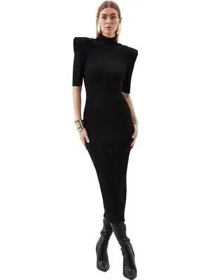 Karen Millen Rib Knit Power Shoulder Maxi Dress - Black