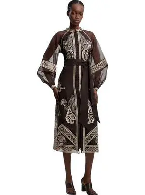 Karen Millen Embroidered Mandarin Collar Midi Dress - Chocolate