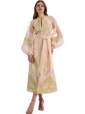 Karen Millen Embroidered Balloon Sleeve Maxi Dress - Lime