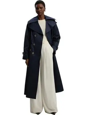 Karen Millen Cotton Sheen Belted Classic Trench Coat - Navy