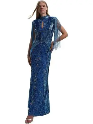Karen Millen Petite Beaded Cap Sleeve Maxi Dress - Blue