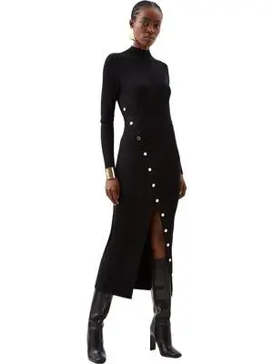 Karen Millen Viscose Popper Split Knit Midi Dress - Black