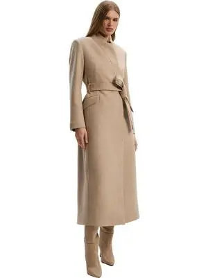 Karen Millen Wool Notch Neck Tailored Maxi Coat - Oatmeal