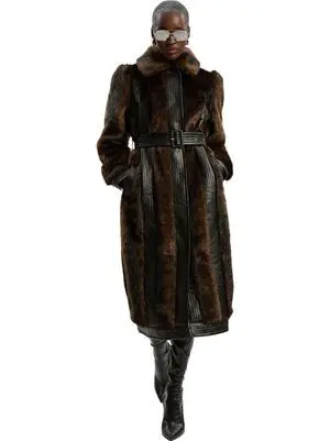 Karen Millen Faux Fur And Pu Panelled Belted Midi Coat - Chocolate