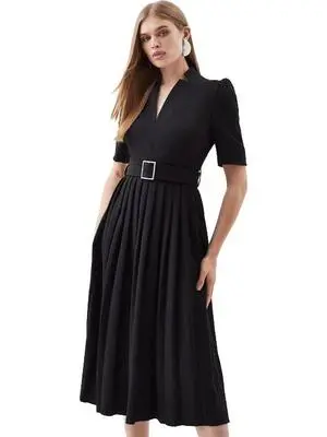 Karen Millen Structured Crepe Belted Midi Dress - Black