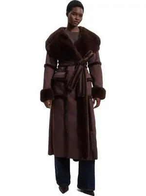 Karen Millen Faux Shearling Belted Maxi Coat - Chocolate
