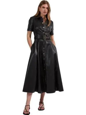 Karen Millen Faux Leather Belted Midi Shirt Dress - Black