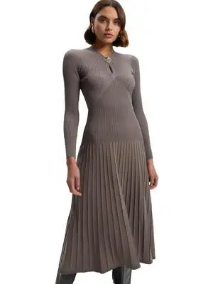 Karen Millen Rib Knit Trim Full Skirt Midi Dress - Grey