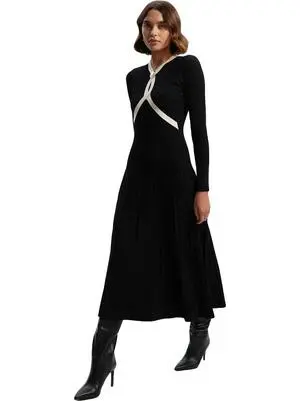 Karen Millen Rib Knit Trim Full Skirt Midi Dress - Mono