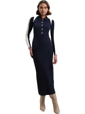 Karen Millen Rib Knit Long Sleeve Military Midi Dress - Mono