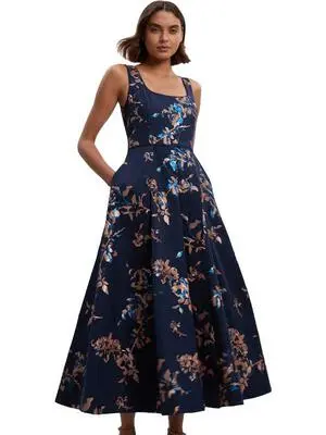 Karen Millen Petite Satin Sequin Floral Midi Dress - Navy