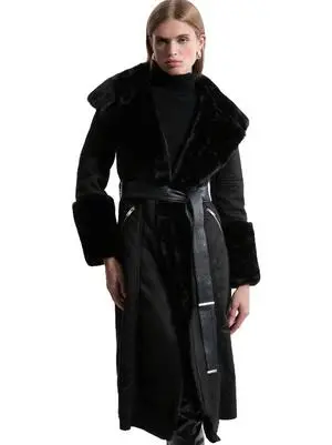 Karen Millen Faux Shearling Belted Midi Coat - Black