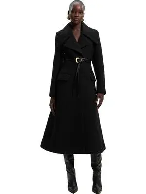 Karen Millen Wool Shawl Collar Belted Midi Coat - Black