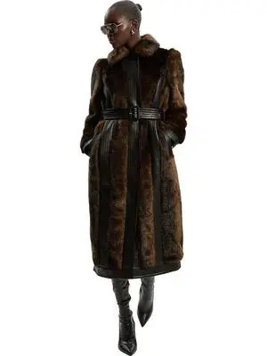 Karen Millen Petite Faux Fur Paneled Belted Midi Coat - Chocolate