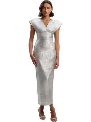 Karen Millen Deep V-neck Angel Sleeve Metallic Maxi Dress - Silver